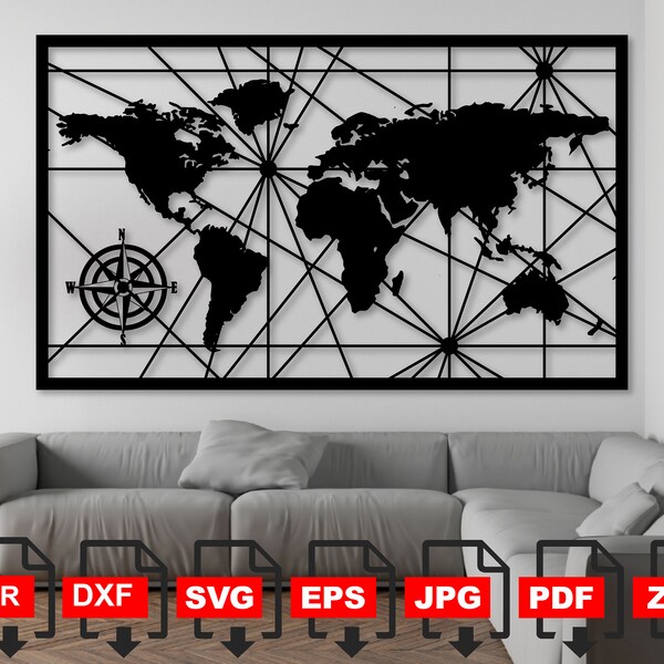 World Map With Compass Dxf - Etsy