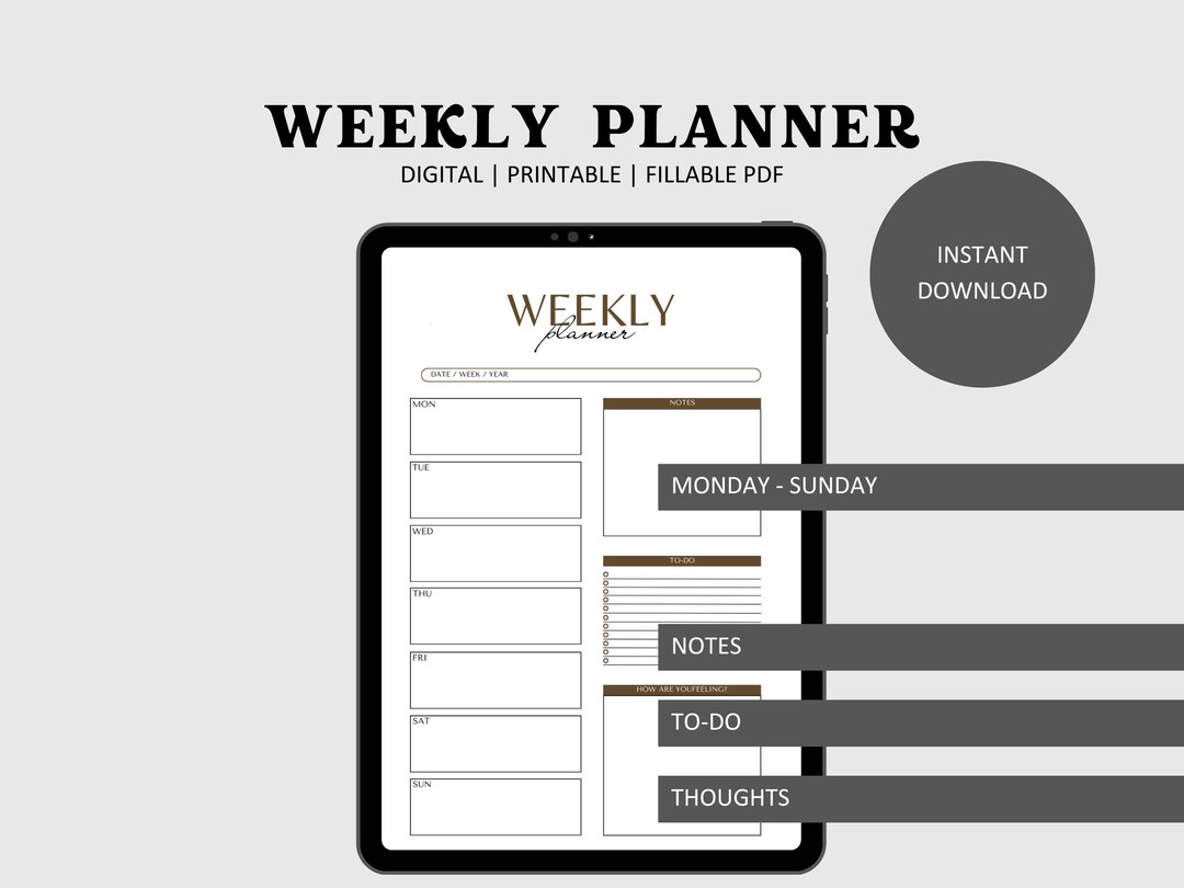 Weekly Planner, A4, Printable PDF, Fillable PDF, Instant Download ...