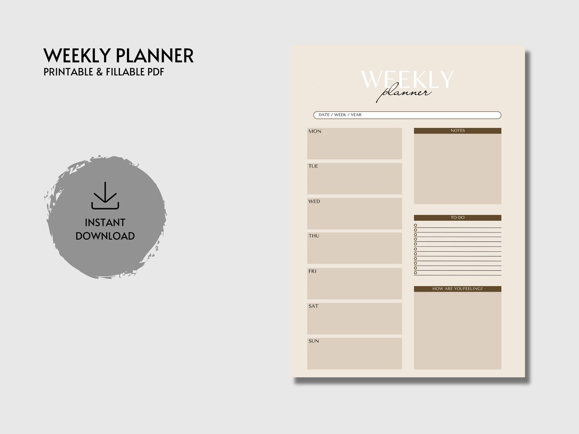 Weekly Planner, A4, Printable PDF, Fillable PDF, Instant Download ...