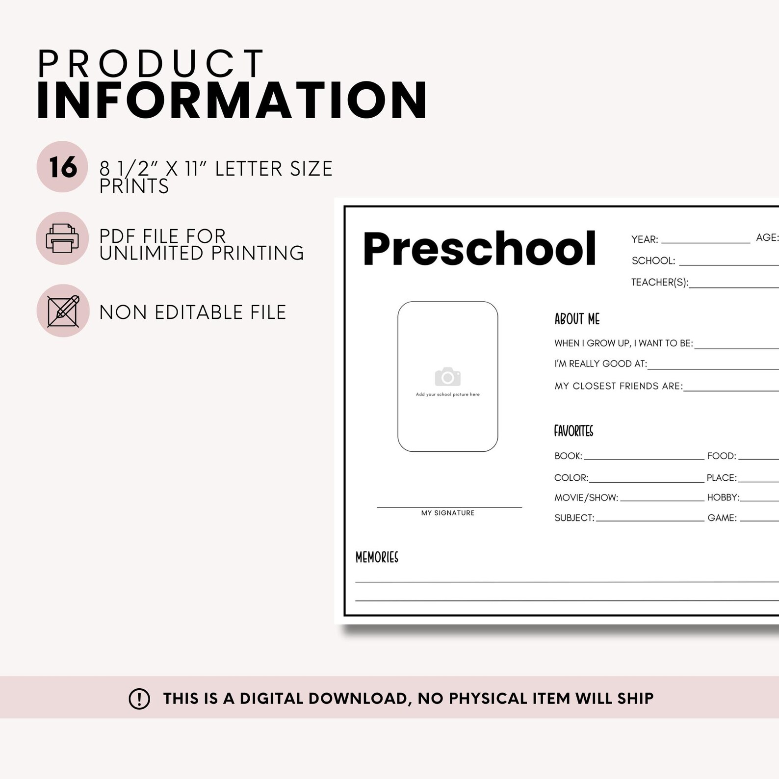 School Memory Box, Printable School Keepsake, School Memory Questions ...