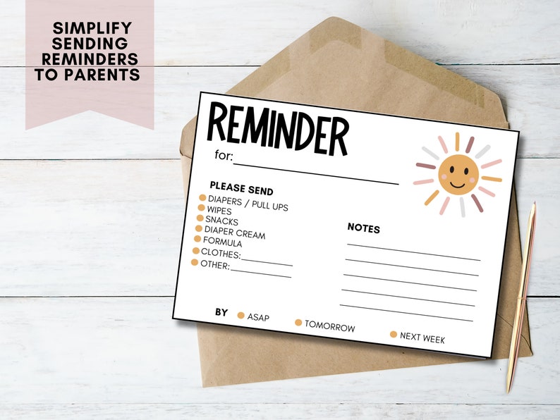 Printable Reminder Note, Fillable Childcare Card,daycare Mail, Cute ...