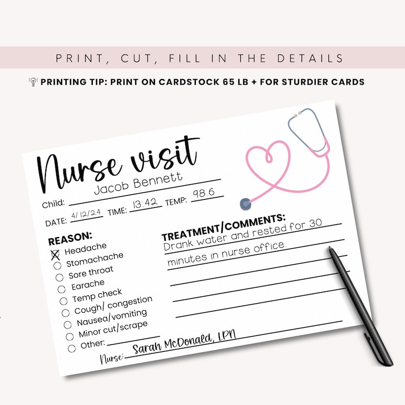Printable School Nurse Note, Parent Note From Nurse, Nurse Notes, Nurse ...