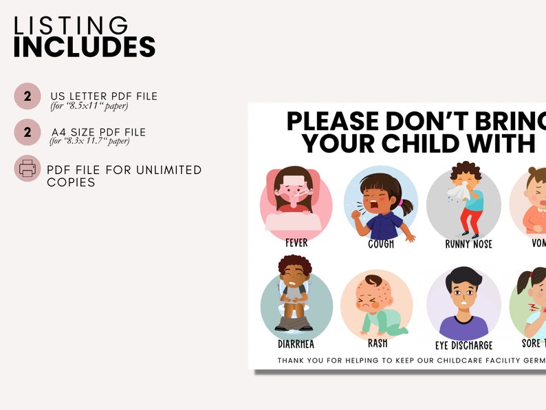Childcare Sick Posters | Printable Childcare Signs for Parent Board - Etsy