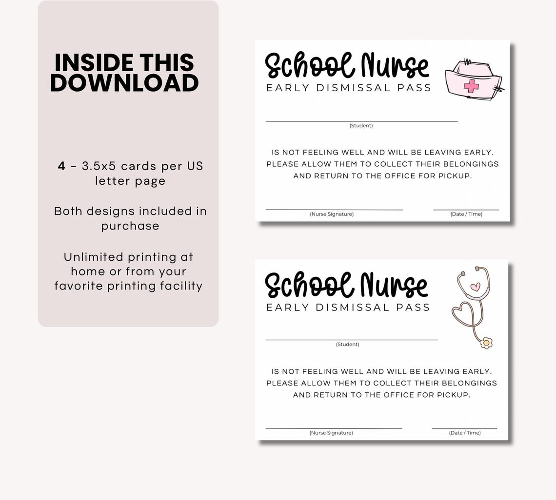 School Nurse Note, Early Dismissal Pass, Note From Nurse, Nurse Notes ...