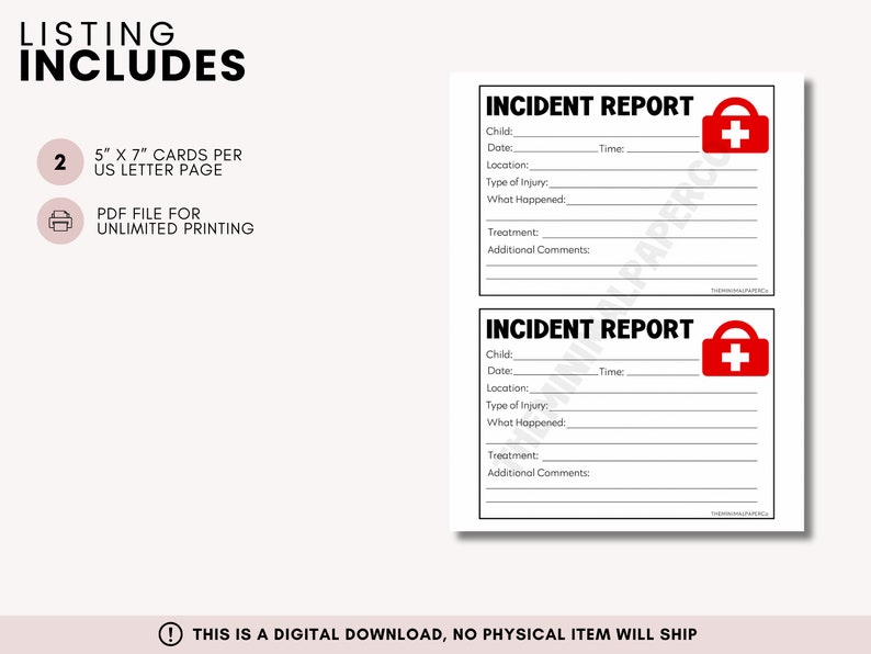 Incident Report,childcare Report, Daycare Boo Boo Report, Ouch Report ...