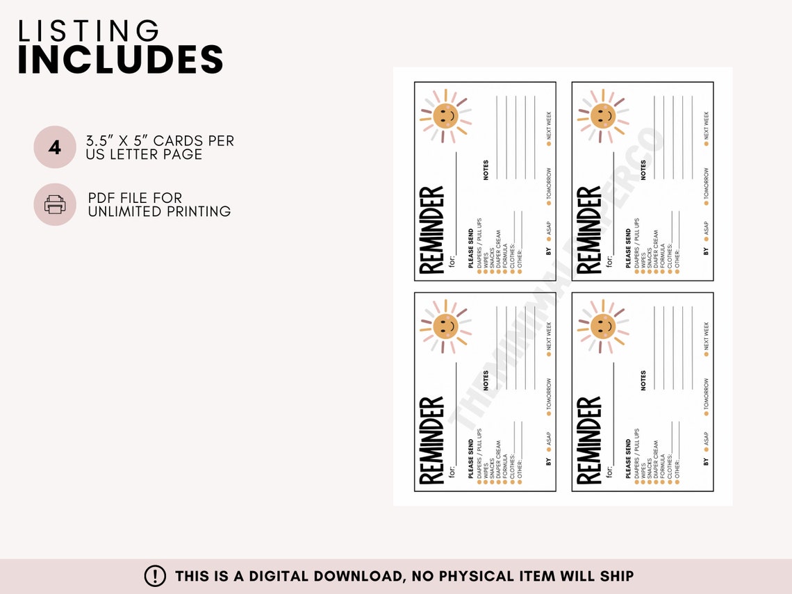 Printable Reminder Note, Fillable Childcare Card,daycare Mail, Cute ...