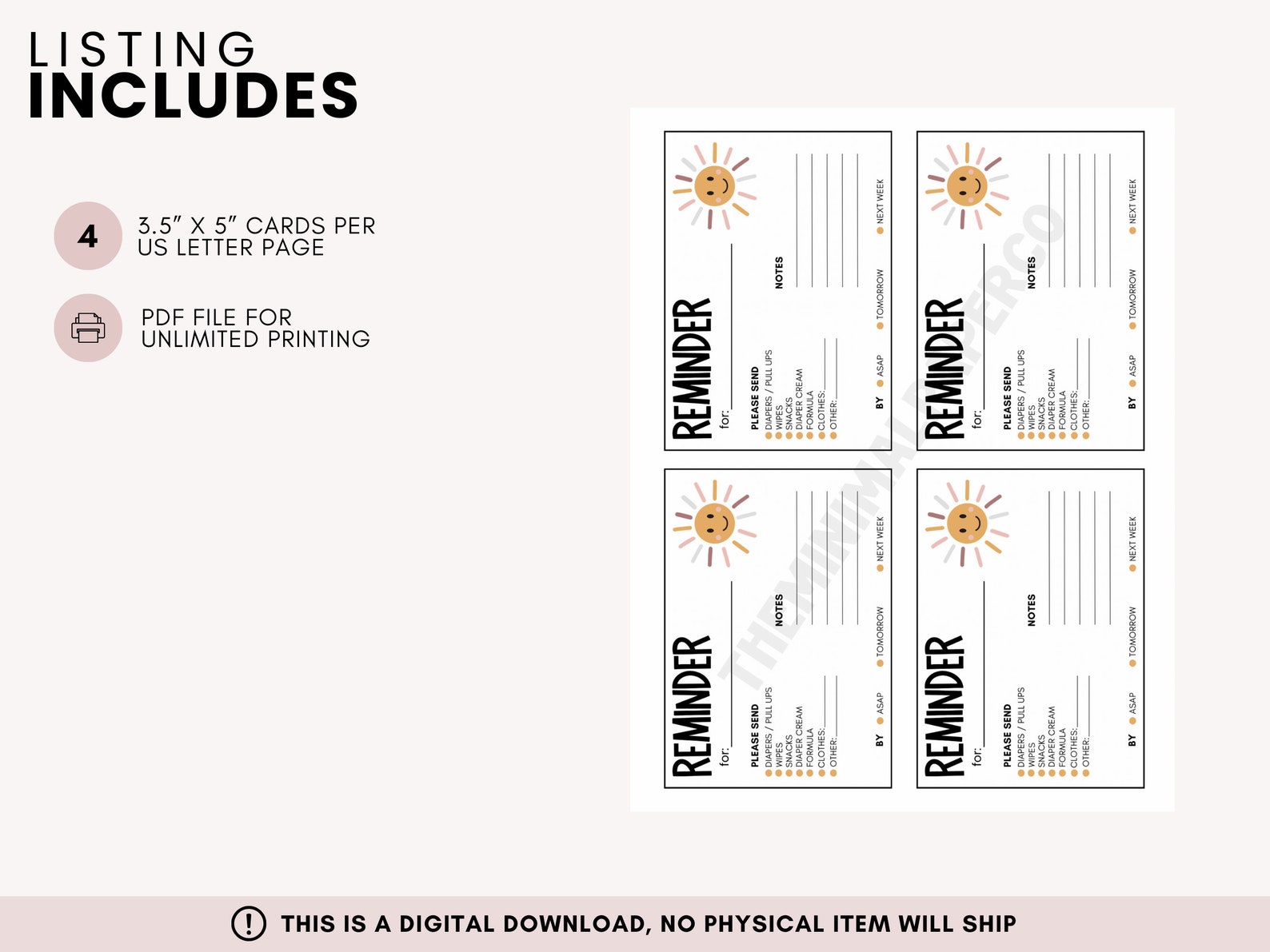 Printable Reminder Note, Fillable Childcare Card,daycare Mail, Cute ...
