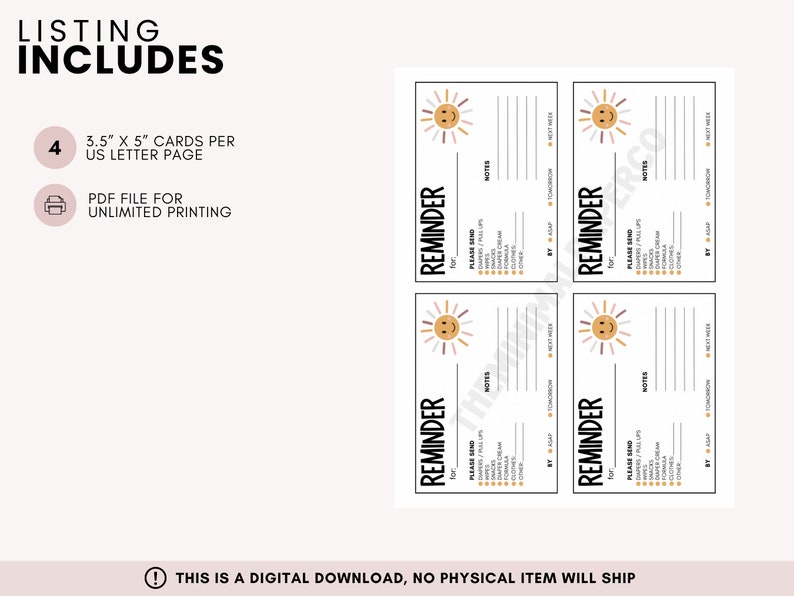 Printable Reminder Note, Fillable Childcare Card,daycare Mail, Cute ...