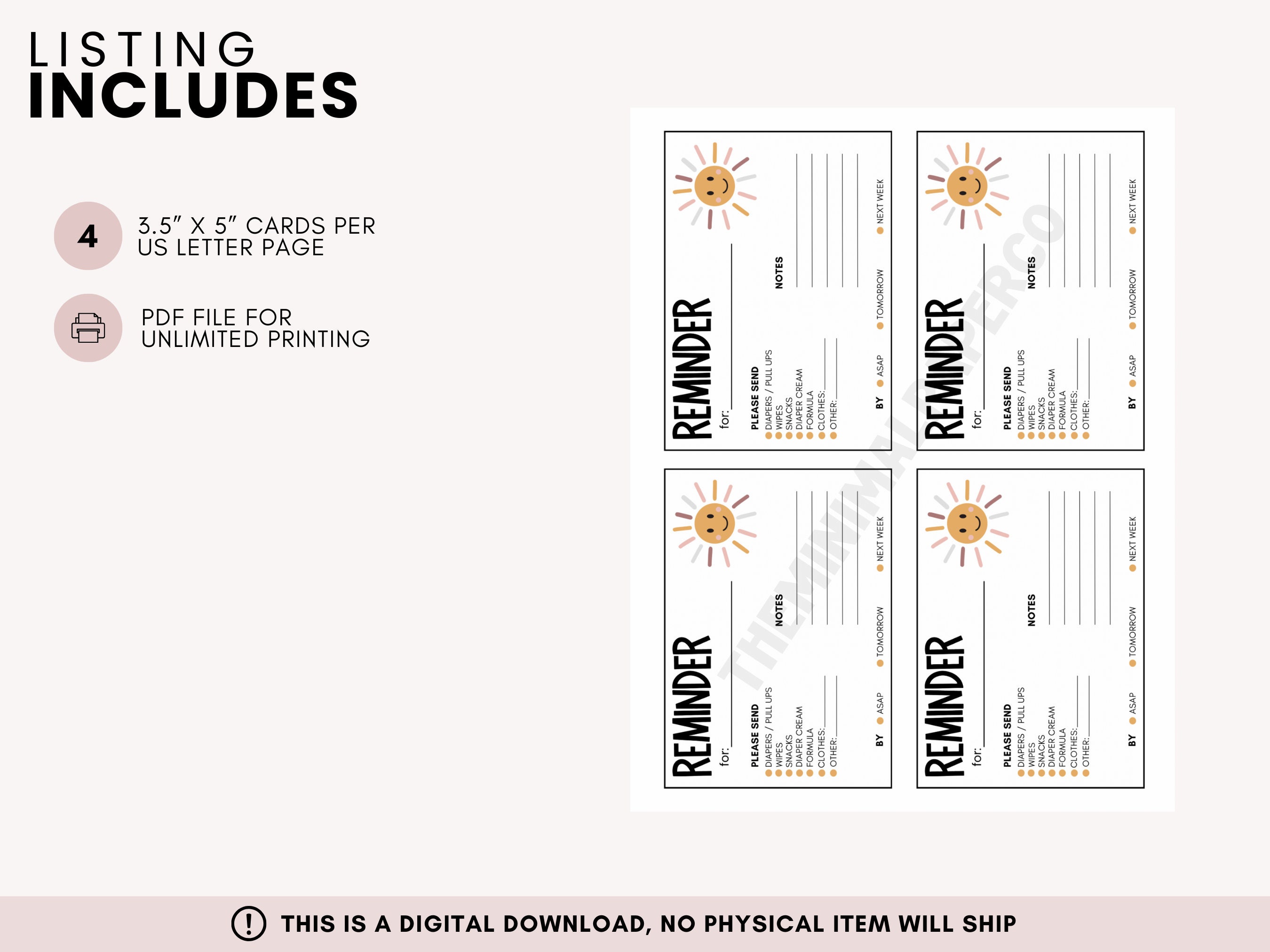 Printable Reminder Note, Fillable Childcare Card,daycare Mail, Cute ...