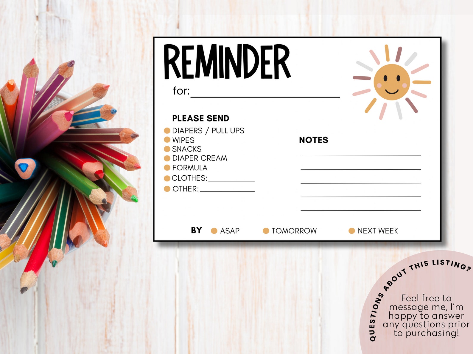 Printable Reminder Note, Fillable Childcare Card,daycare Mail, Cute ...