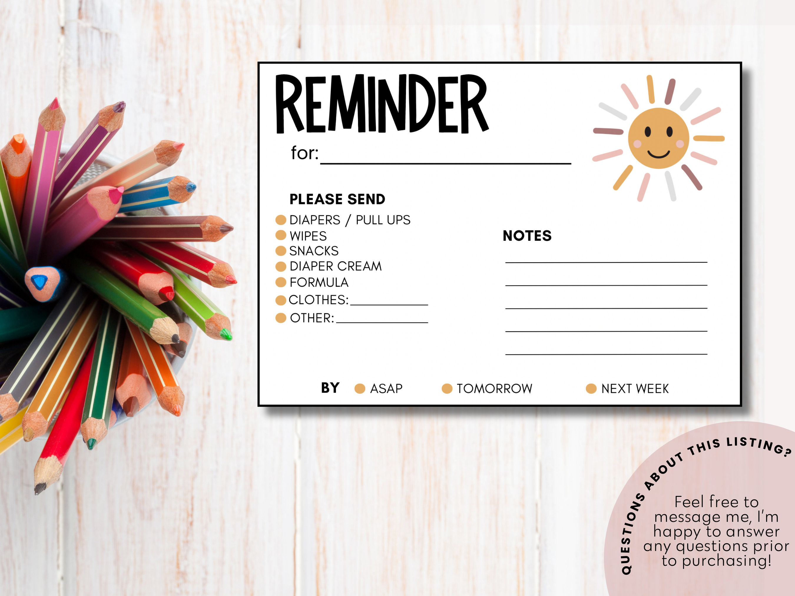 Printable Reminder Note, Fillable Childcare Card,daycare Mail, Cute ...