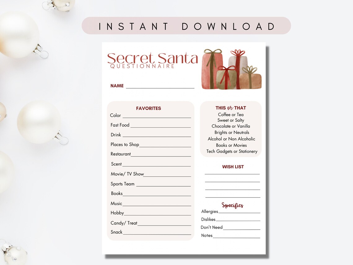 Secret Santa Questionnaire, Christmas Gift Exchange Questions ...
