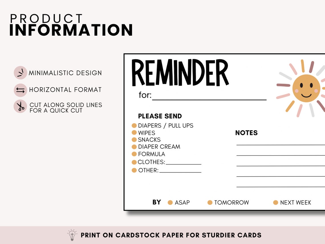 Printable Reminder Note, Fillable Childcare Card,daycare Mail, Cute ...