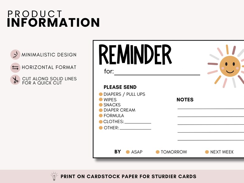 Printable Reminder Note, Fillable Childcare Card,daycare Mail, Cute ...