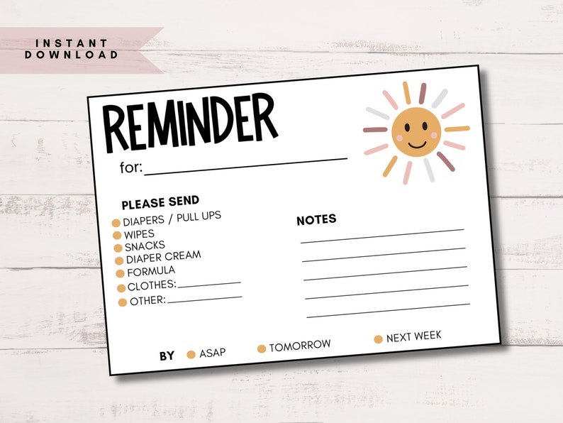Printable Reminder Note, Fillable Childcare Card,daycare Mail, Cute ...