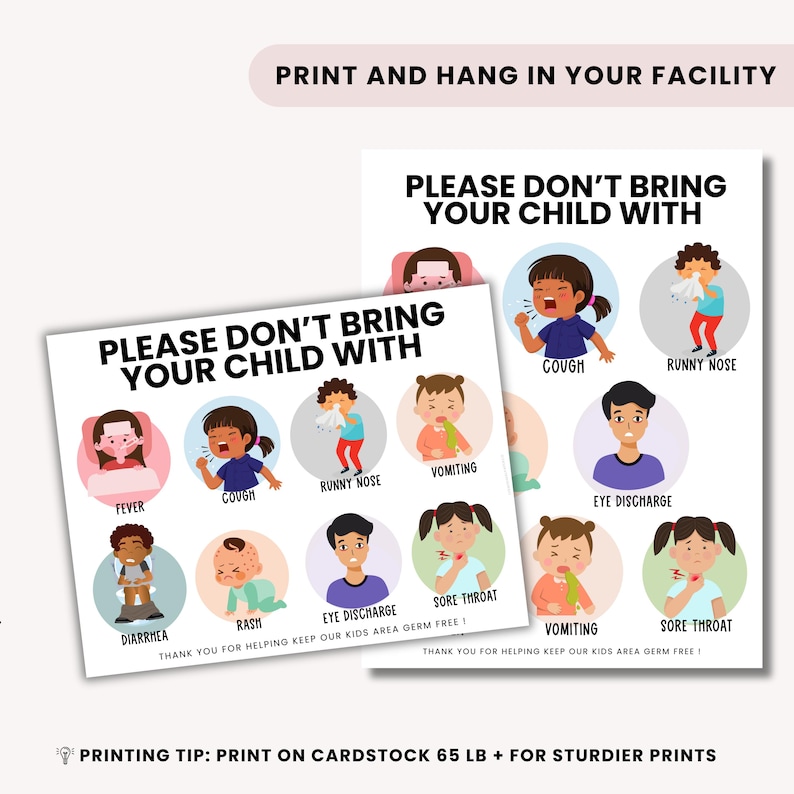 Sick Policy for Bulletin Boards, Childcare Illness Poster, Printable ...