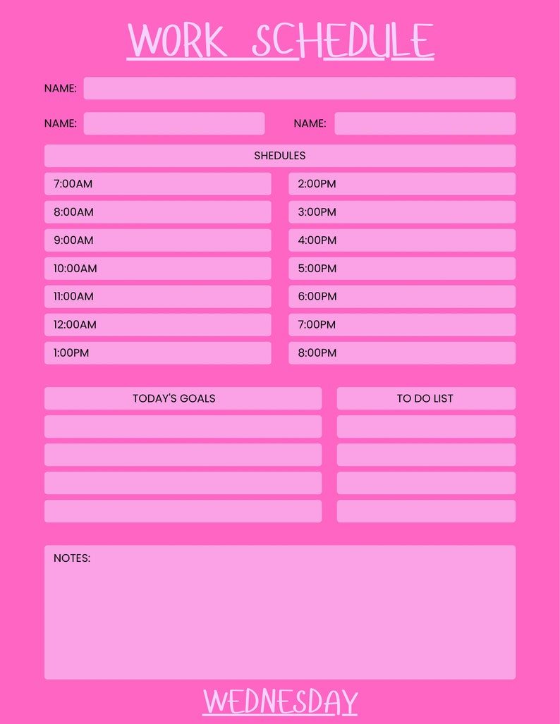 Weekly Work Schedule, Printable, Mon Sun Schedule,organizer ...