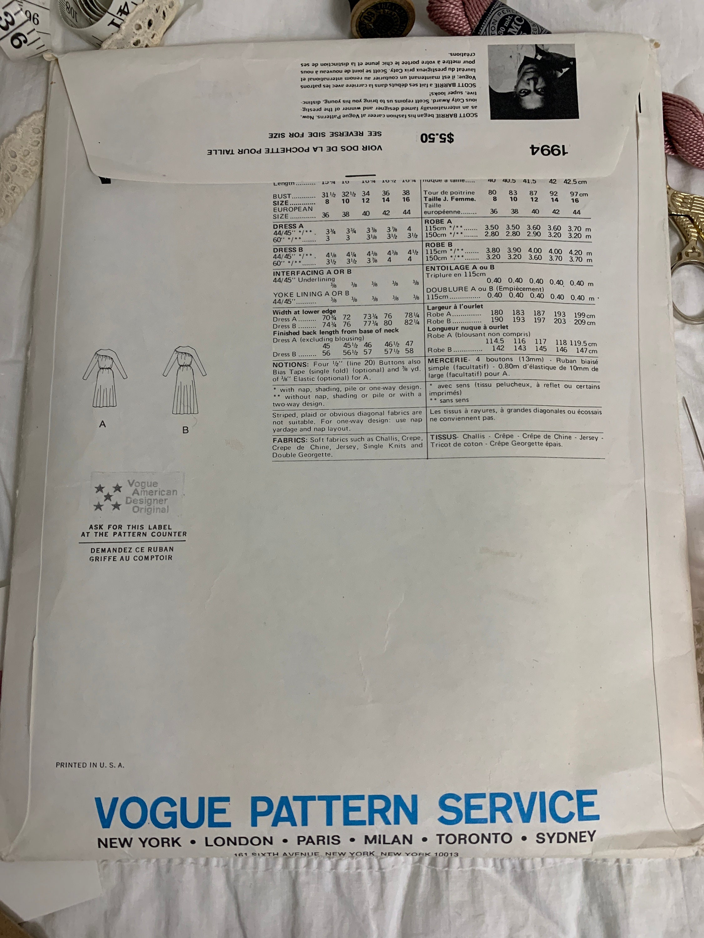 Vogue Pattern 1994 Scott Barrie Vogue American Designer Dress Size 12 ...