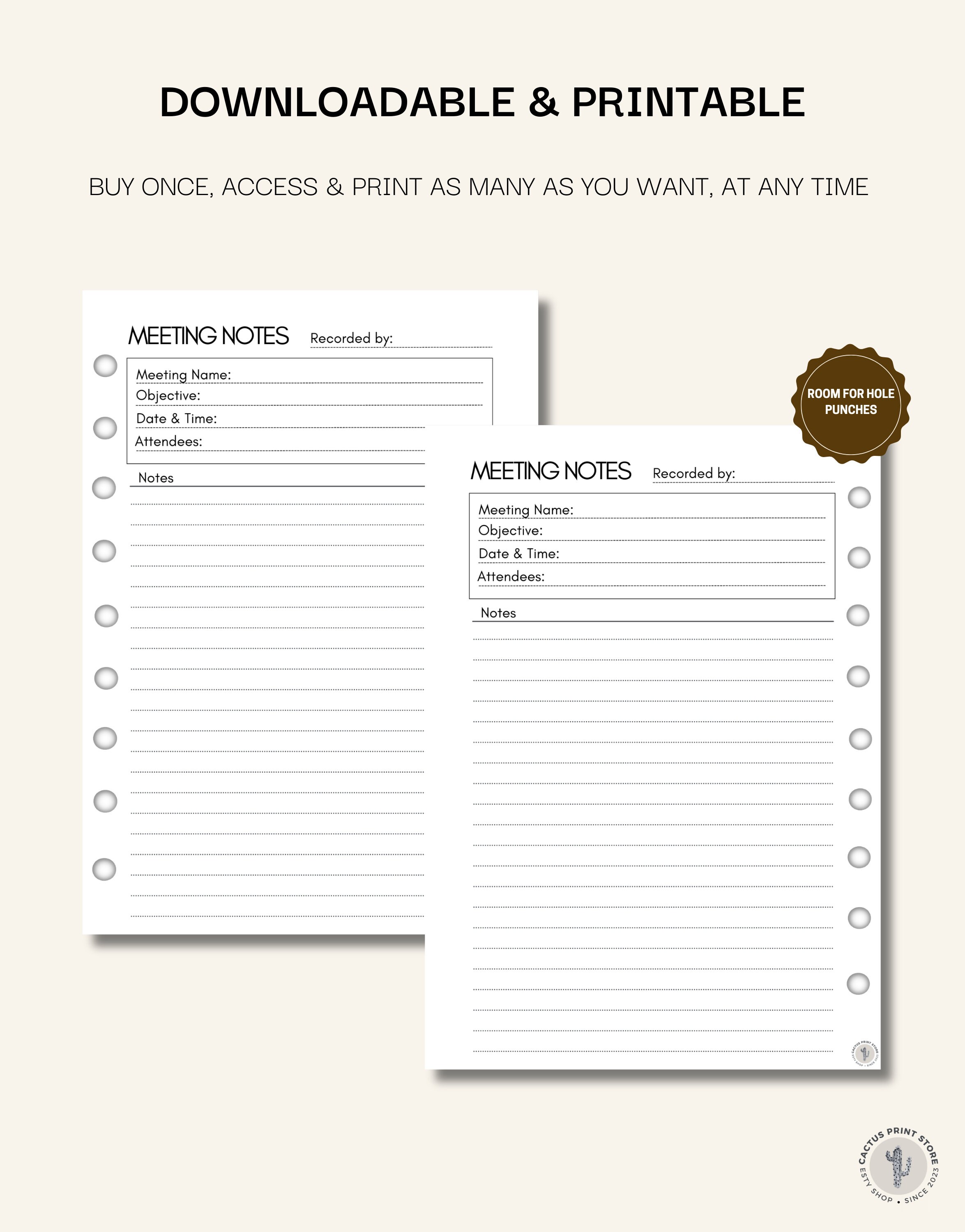 Meeting Notes Printable Fillable Meeting Notes A4/US Letter - Etsy