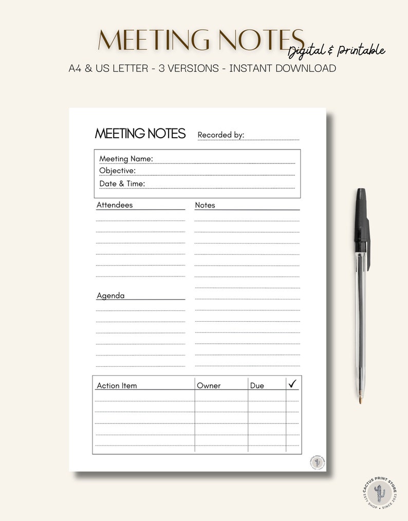 Meeting Notes Printable, Fillable Meeting Notes, A4/US Letter PDF ...