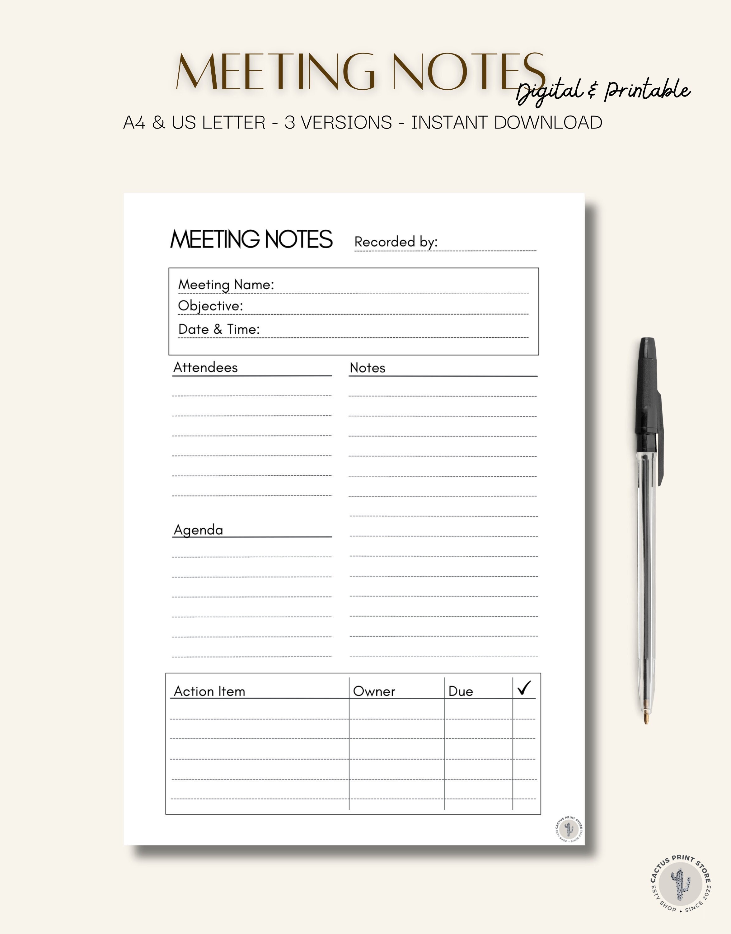 Meeting Notes Printable, Fillable Meeting Notes, A4/US Letter PDF ...