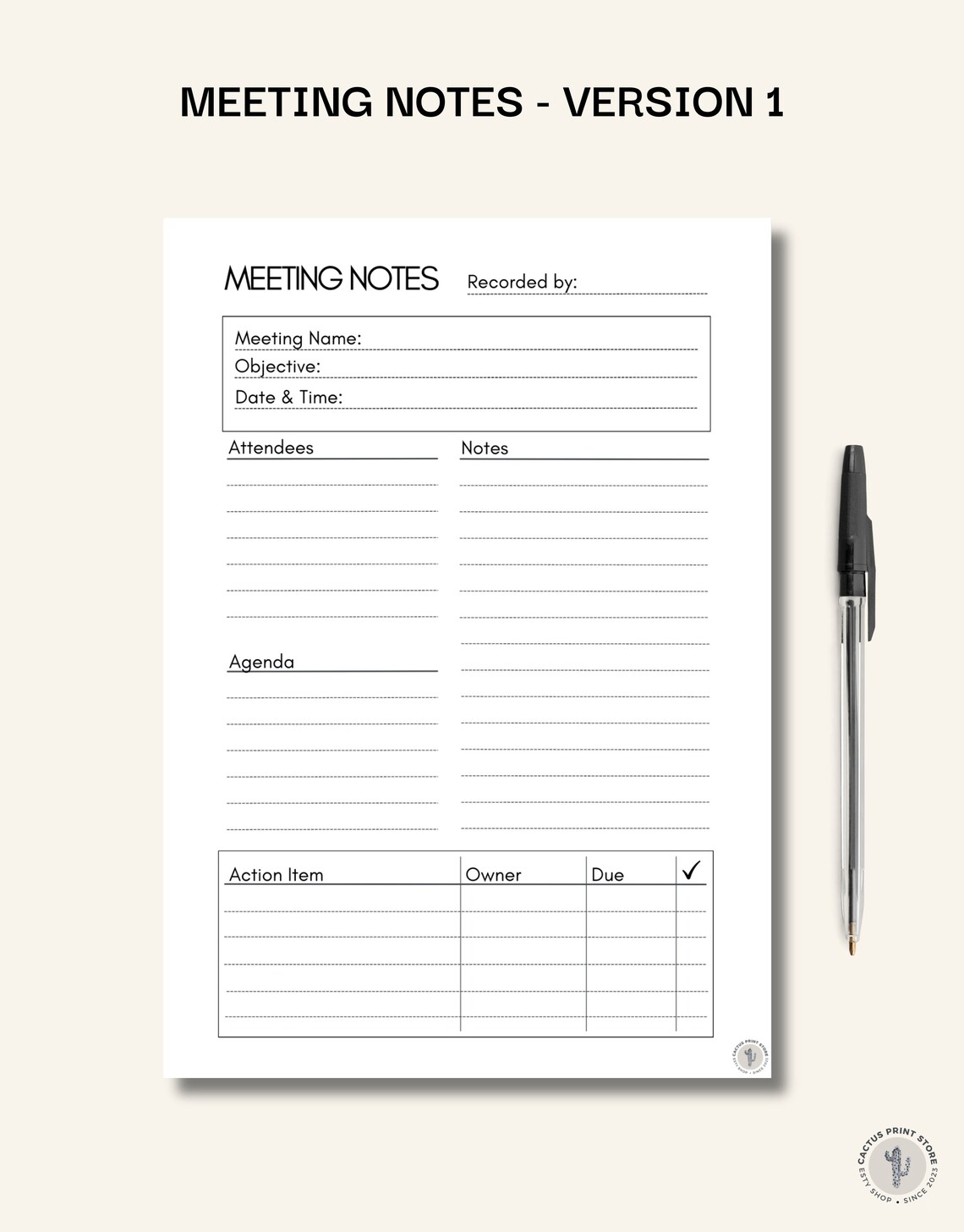 Meeting Notes Printable, Fillable Meeting Notes, A4/US Letter PDF ...