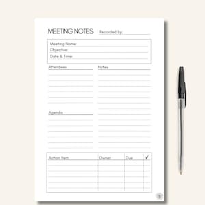 Meeting Notes Printable, Fillable Meeting Notes, A4/US Letter PDF ...