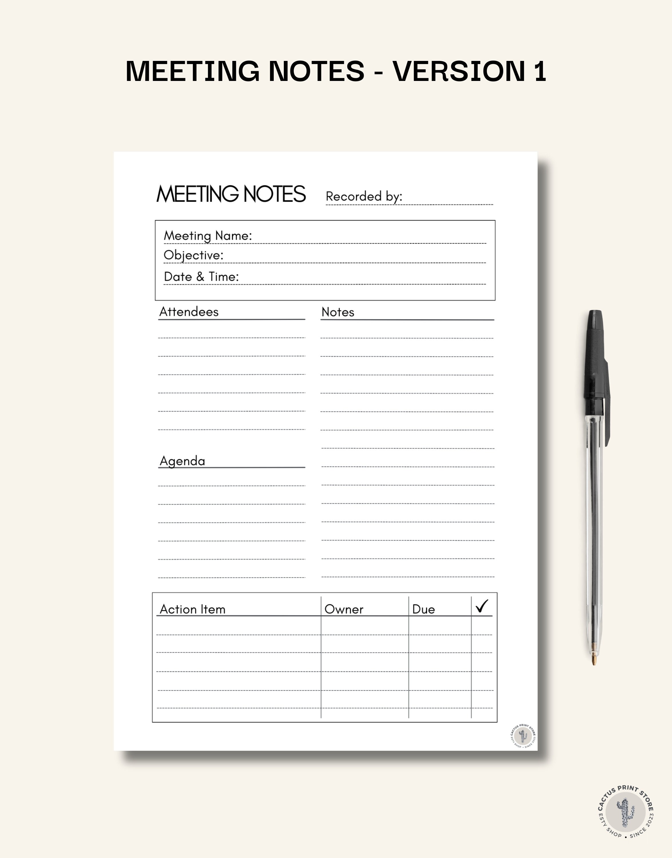 Meeting Notes Printable, Fillable Meeting Notes, A4/US Letter PDF ...