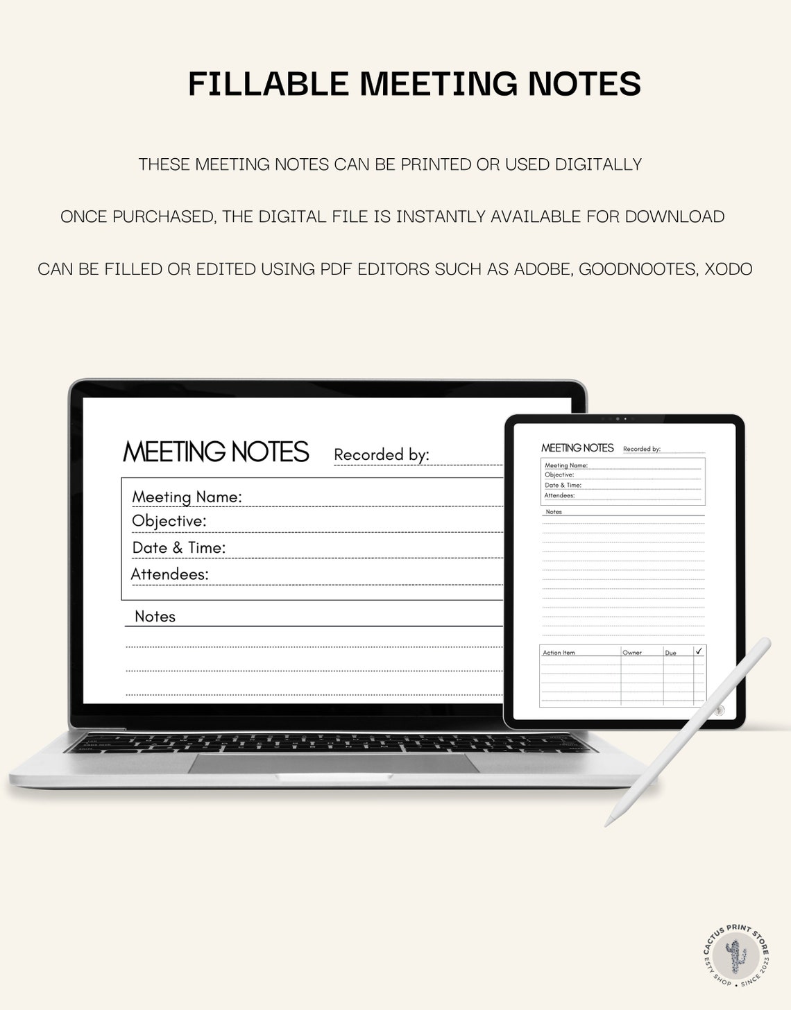 Meeting Notes Printable, Fillable Meeting Notes, A4/US Letter PDF ...