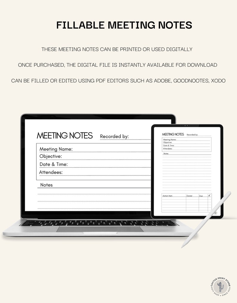 Meeting Notes Printable Fillable Meeting Notes A4/US Letter - Etsy