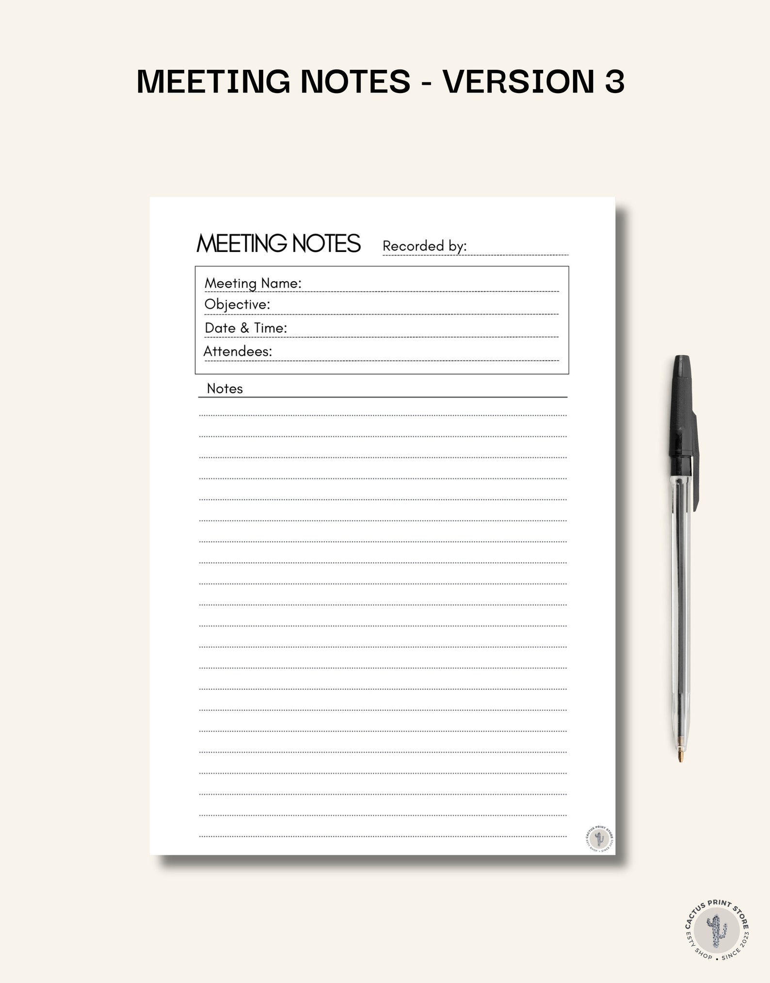 Meeting Notes Printable, Fillable Meeting Notes, A4/US Letter PDF ...