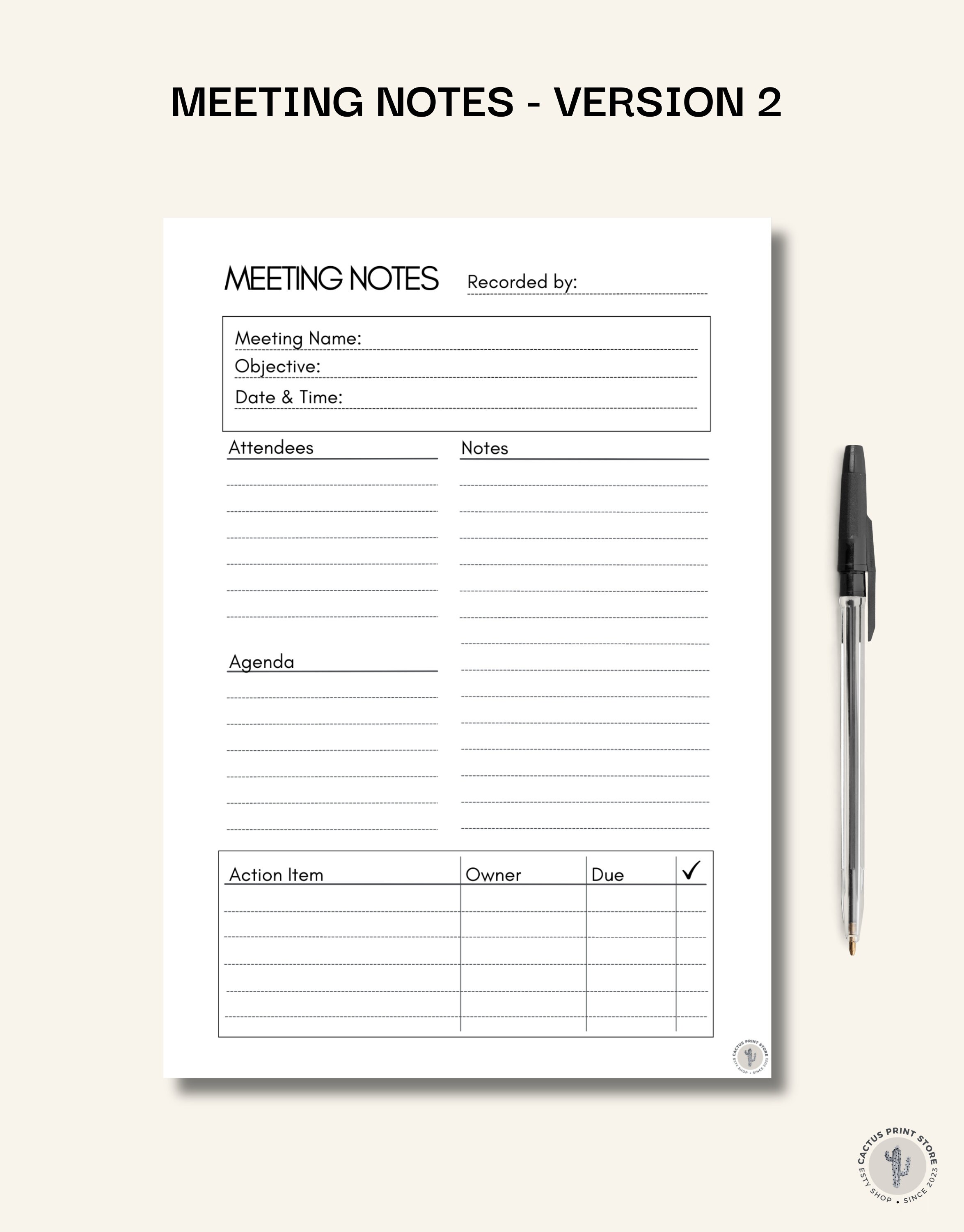 Meeting Notes Printable Fillable Meeting Notes A4/US Letter - Etsy