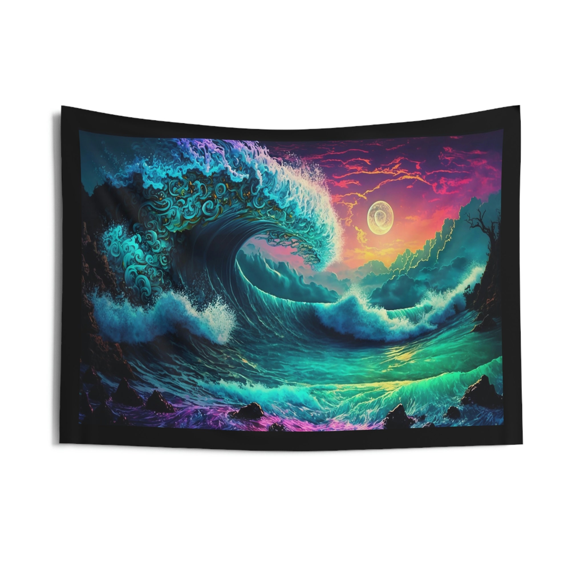 Illustrated Ocean Wave Art Landscape Indoor/outdoor Wall Tapestry ...