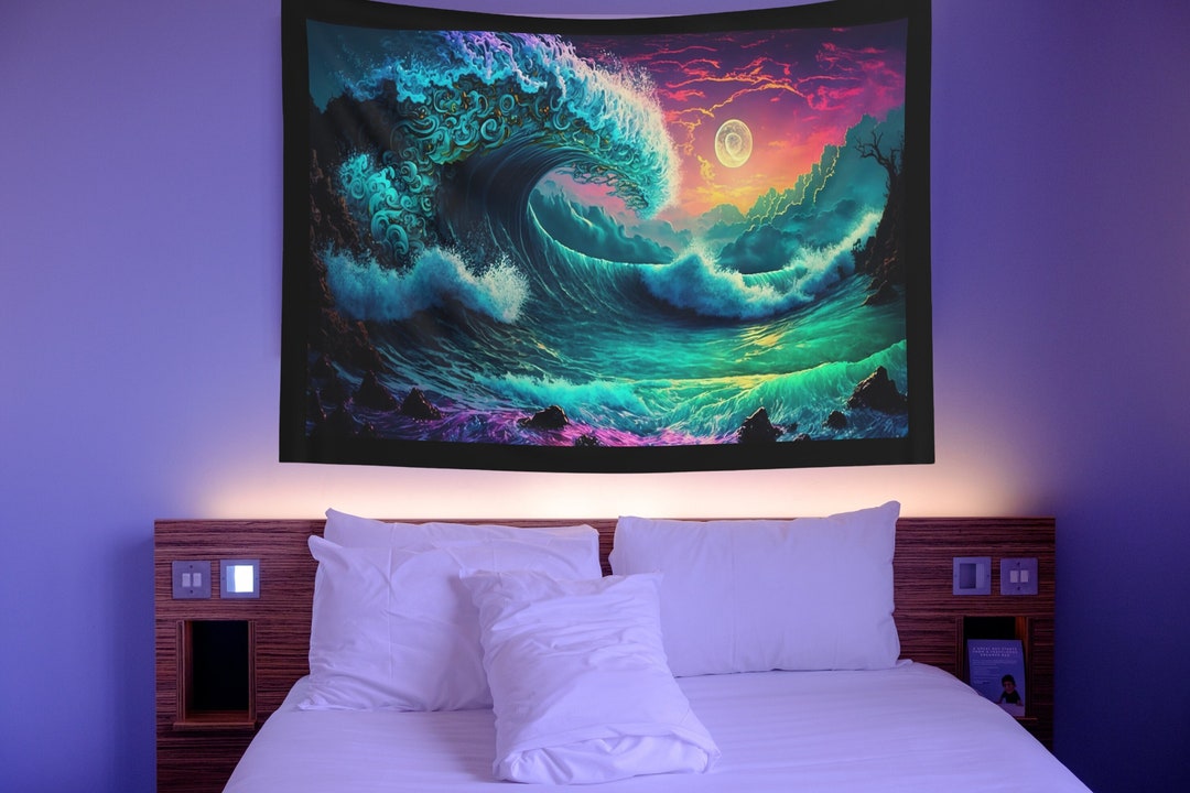 Illustrated Ocean Wave Art Landscape Indoor/outdoor Wall Tapestry ...