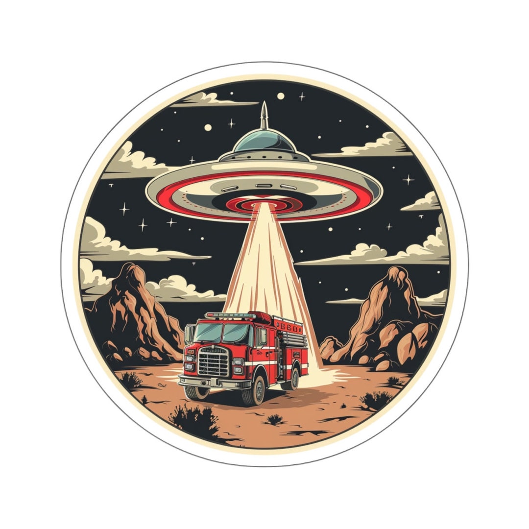 Alien UFO Fire Truck Abduction Sticker Vinyl Decal UAP Flying Over ...