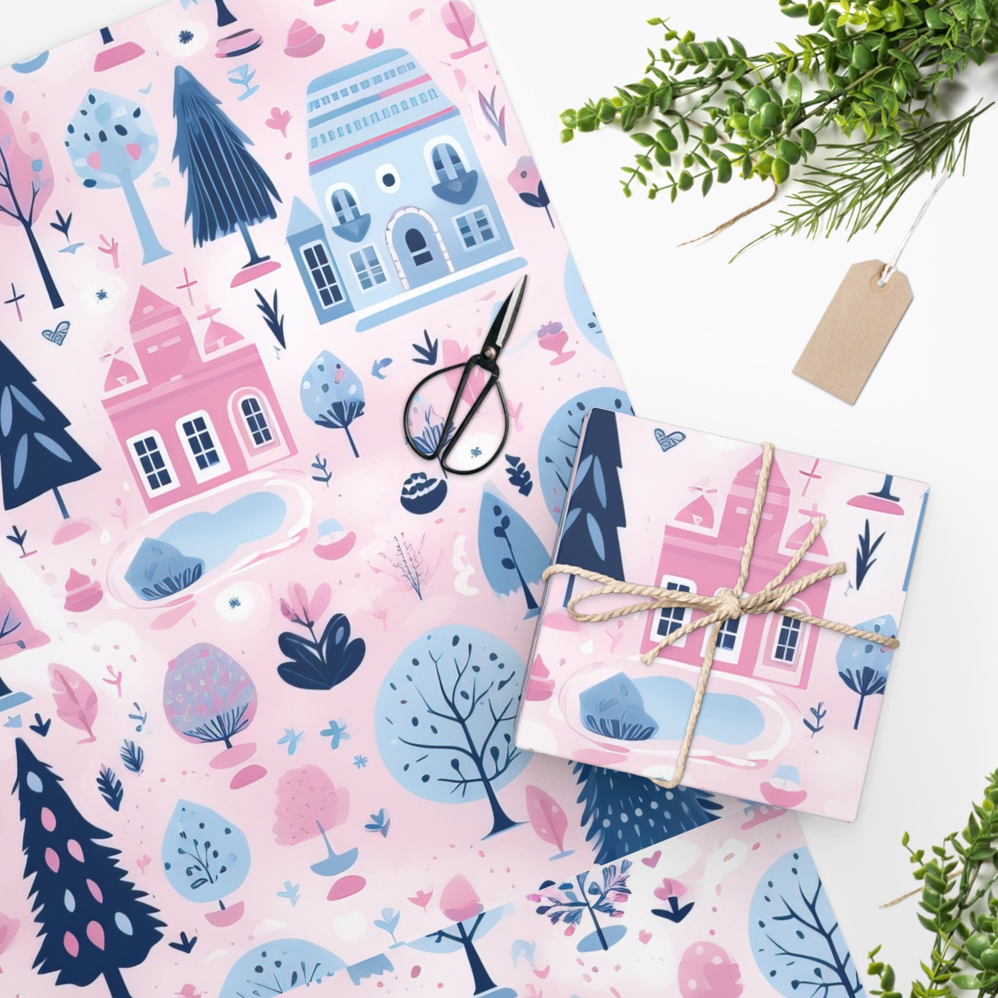 Pink and Blue Houses Wrapping Paper Retro Christmas Wrapping Paper ...