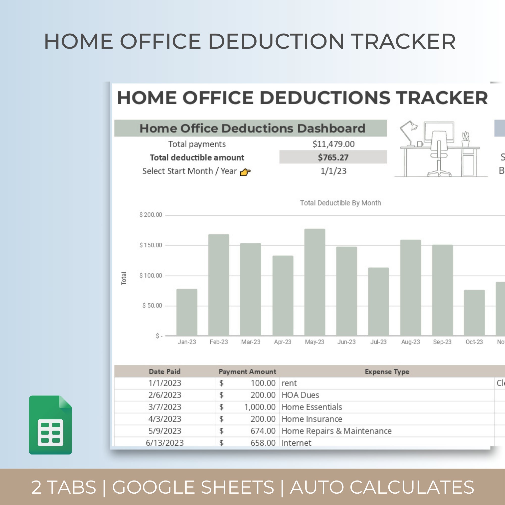 Home Office Deduction Calculator, Small Business Tax Deduction Google Sheets, Expense Tracker ...