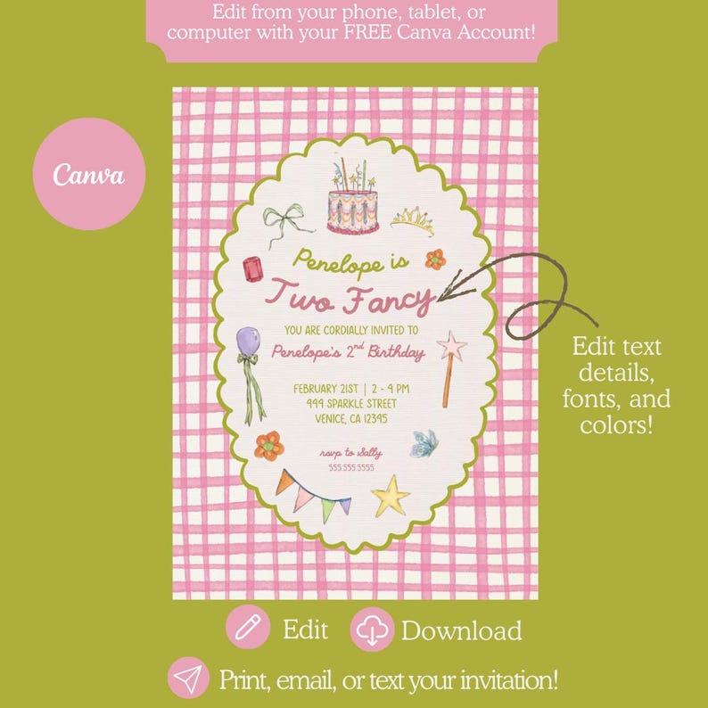Two Fancy Birthday Invitation Template, Pink Gingham, Girls Party ...