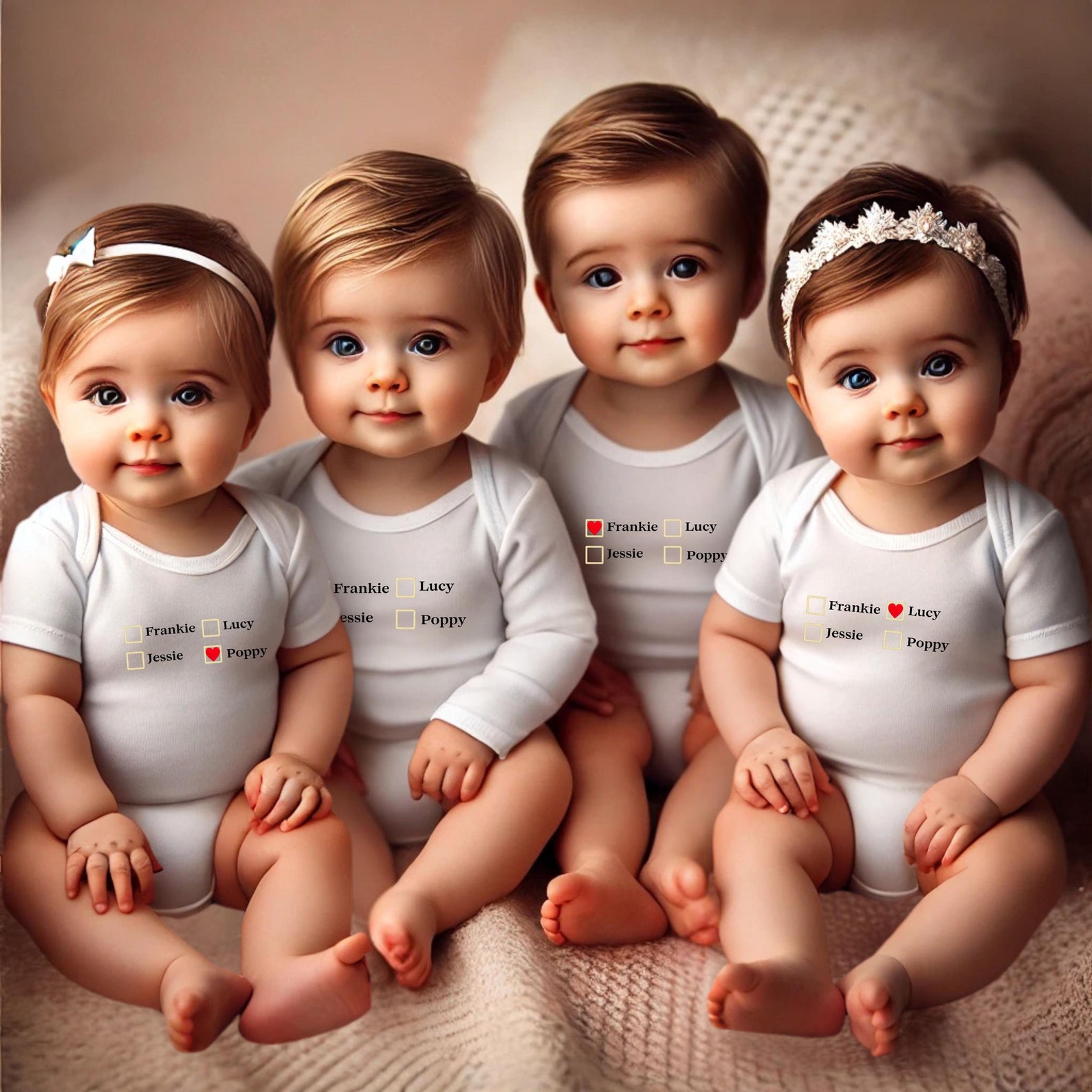 Quadruplets Name Checklist Bodysuit, Quadruplets Baby Announcement ...