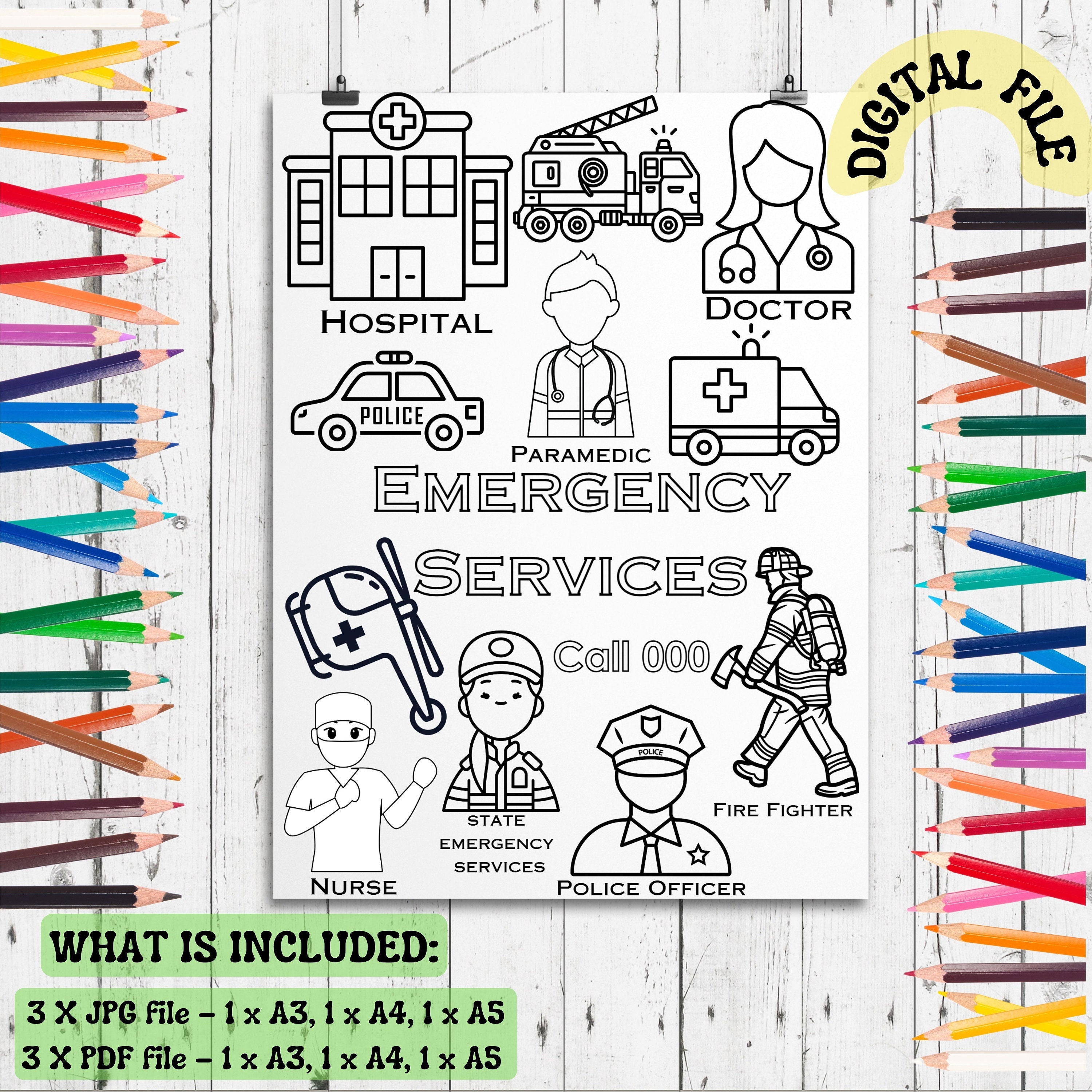Emergency Services Coloring in Activity, 000, Quiet Activity for Kids ...