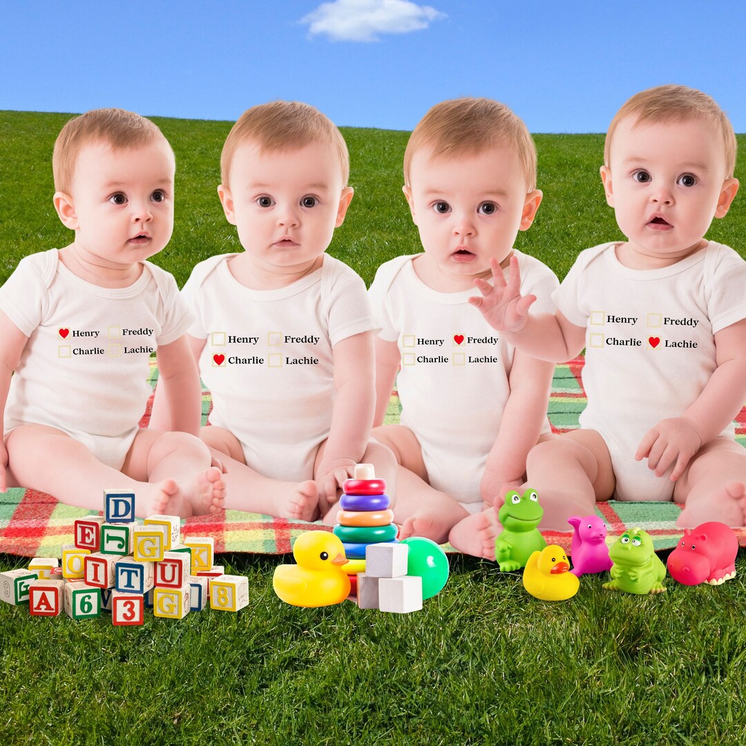 Quadruplets Name Checklist Bodysuit, Quadruplets Baby Announcement ...