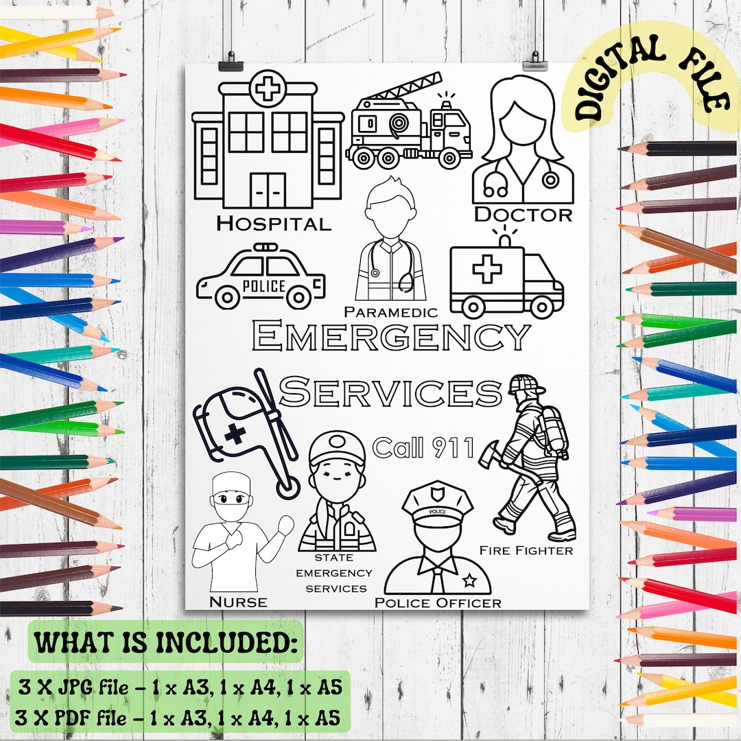 Emergency Services Coloring in Activity, 911, Quiet Activity for Kids ...