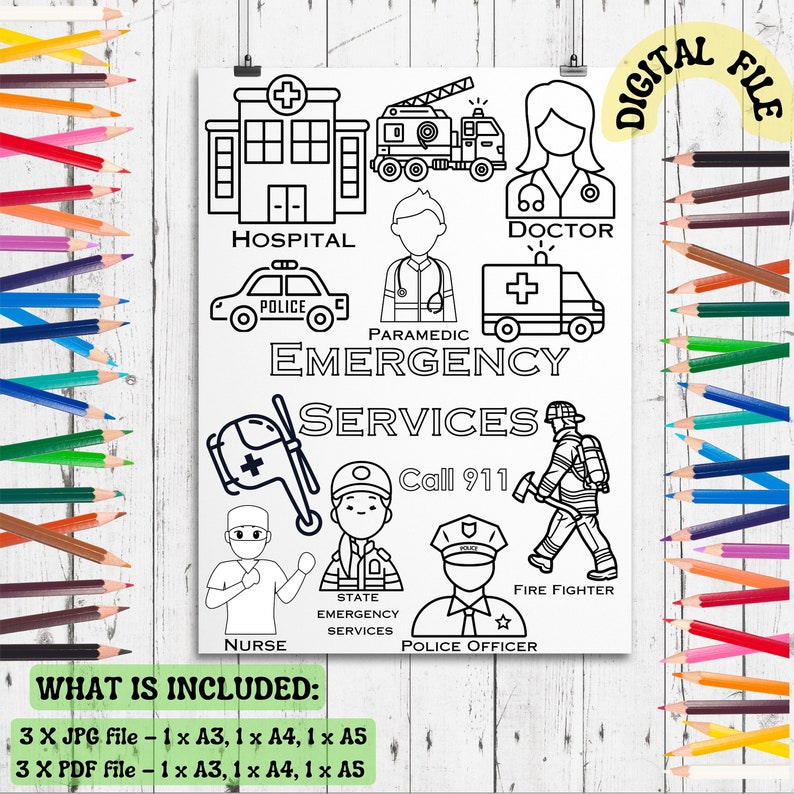 Emergency Services Coloring in Activity, 911, Quiet Activity for Kids ...