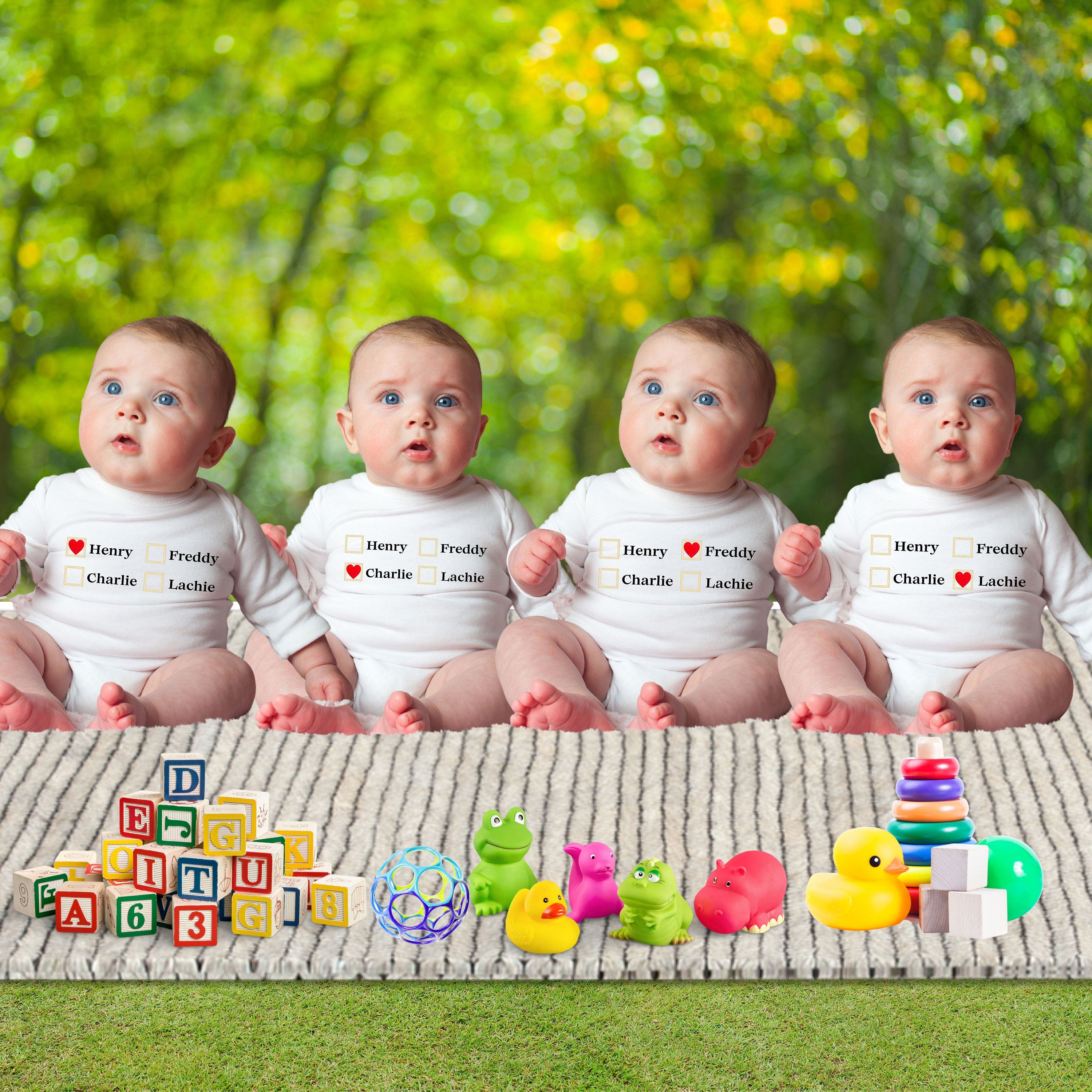 Quadruplets Name Checklist Bodysuit, Quadruplets Baby Announcement ...