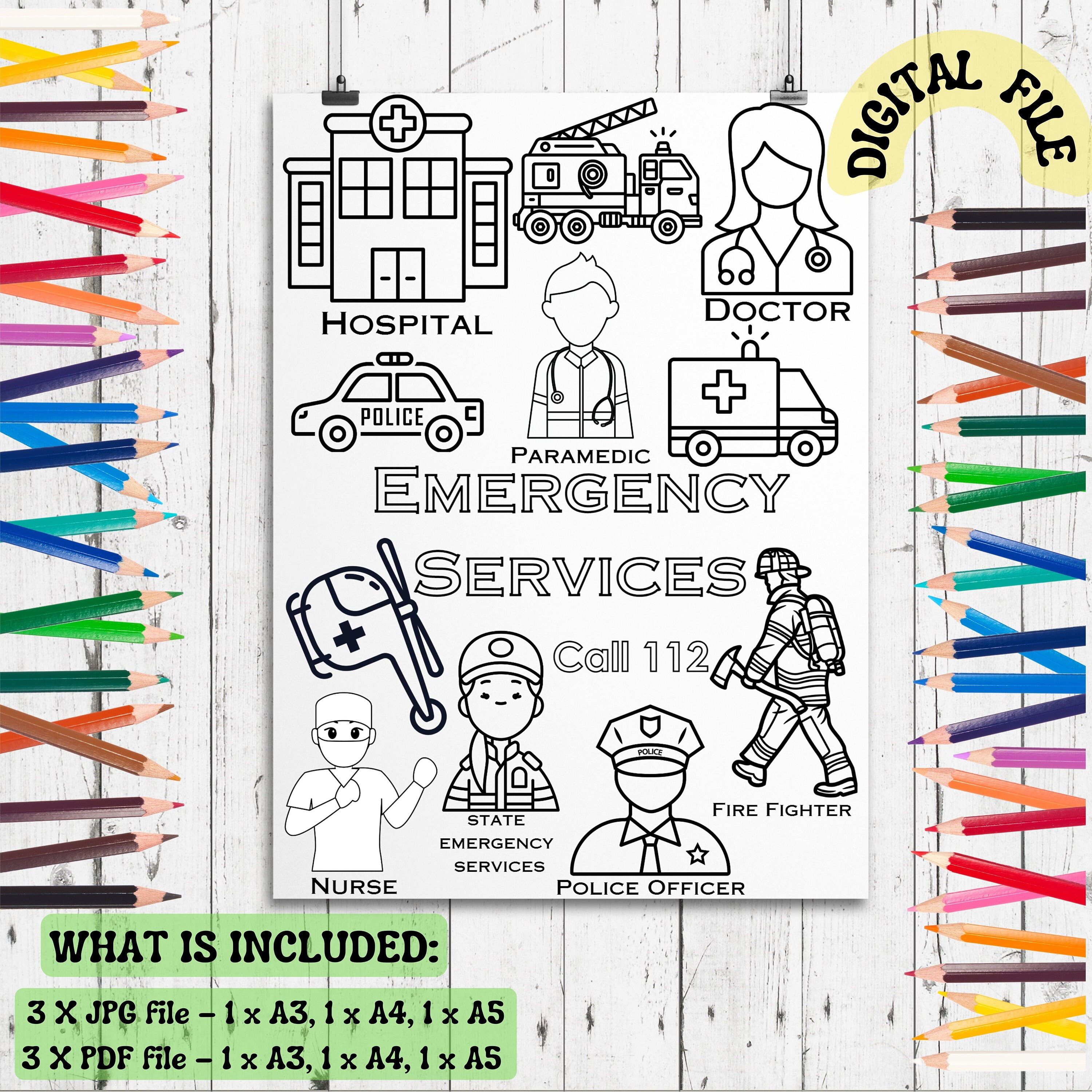 Emergency Services Coloring in Activity, 112, Quiet Activity for Kids ...