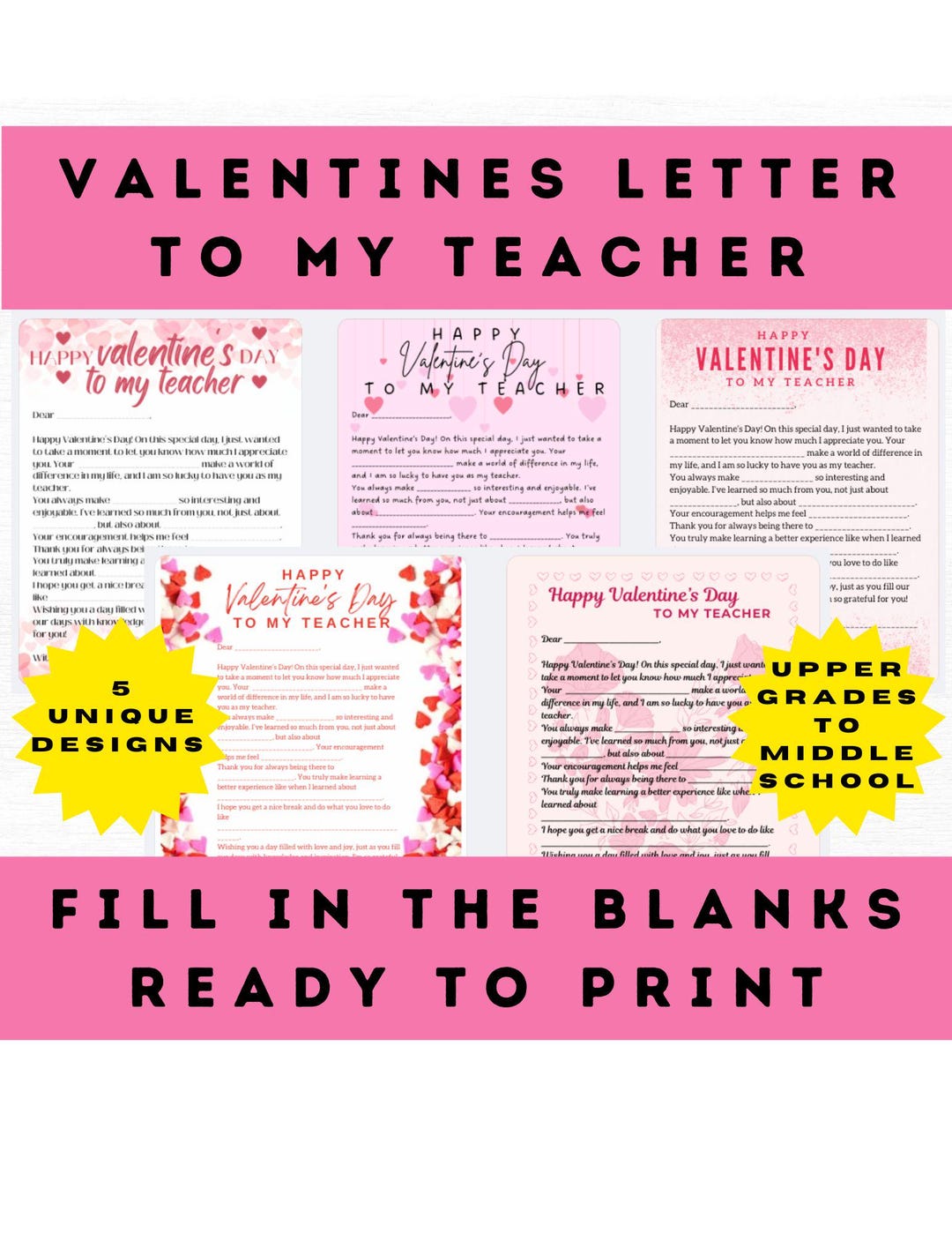 Valentines Day Teacher Letter Note Printout: Instant Download Print! No ...
