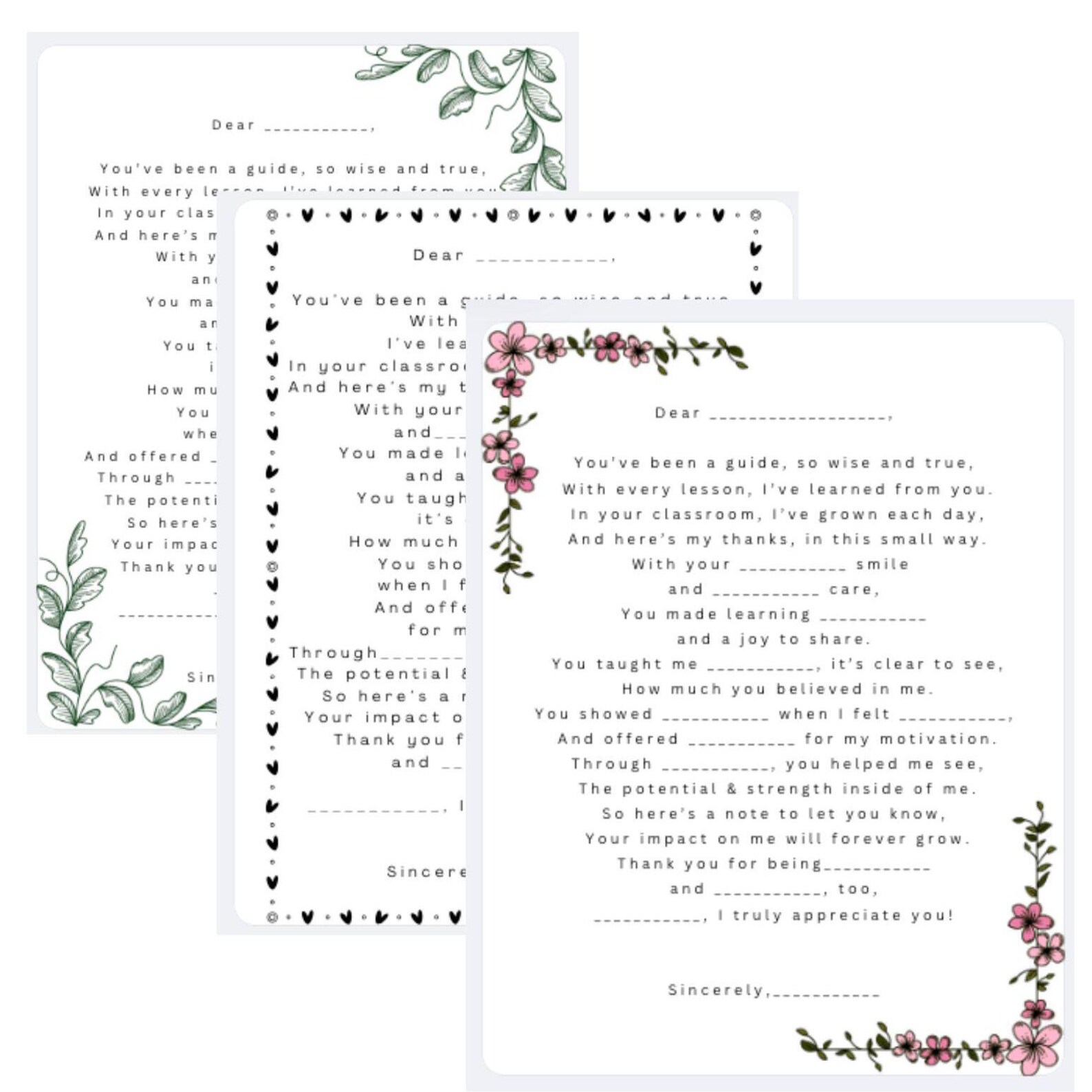 Teacher Appreciation Thank You Letter Poem Printout: Instant Download ...