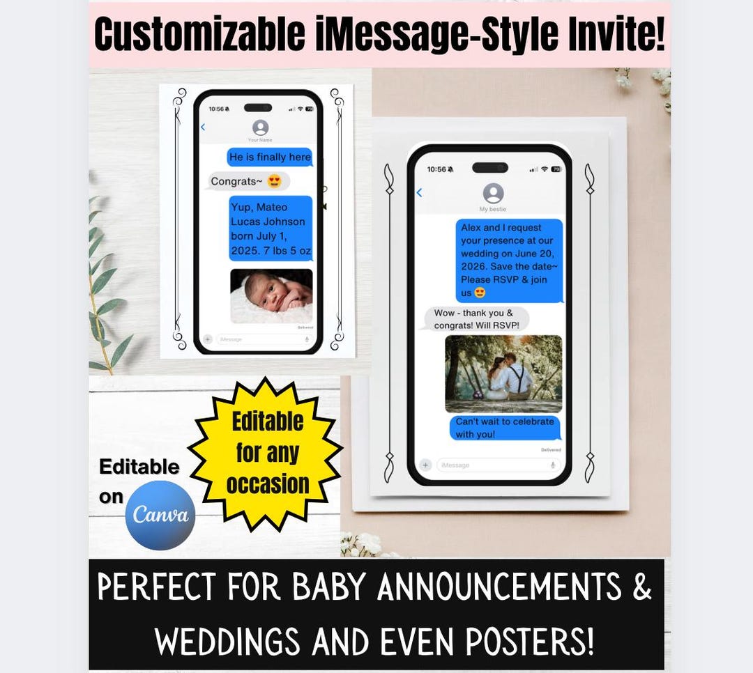 Custom Text Message Invite Template – iPhone Chat Style Announcement ...