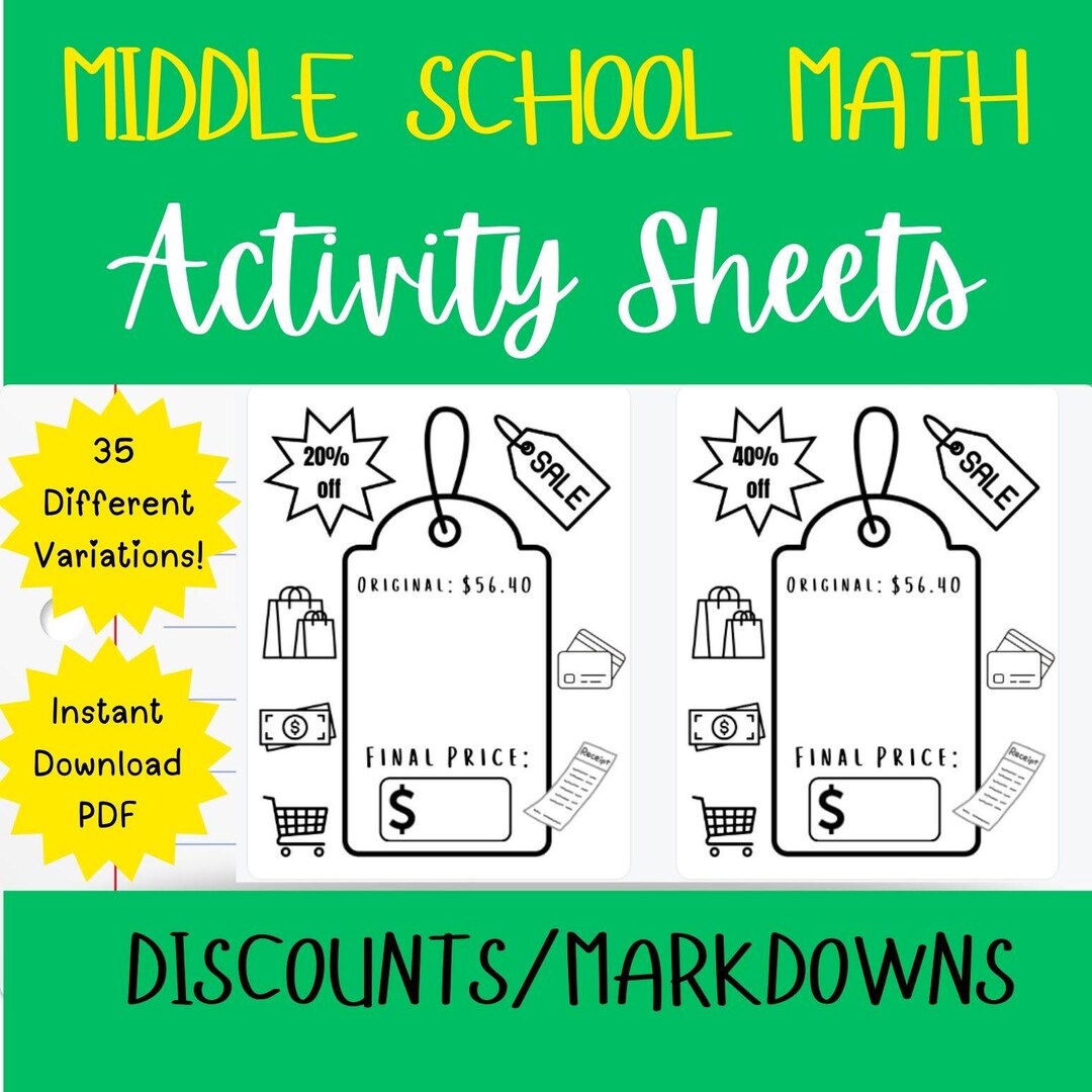 Math Discount Markdown Activity Worksheets - Middle School Math ...