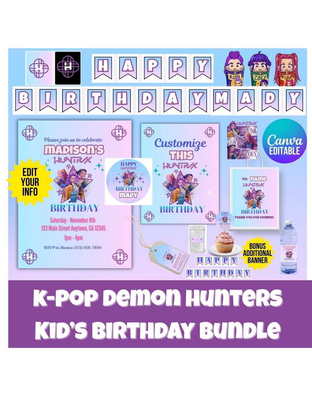 K-pop Demon Hunters Huntrix Kid's Birthday Party Editable Custom Bundle ...